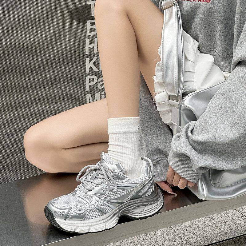 玛速主义2025网面新款鞋子女百搭chic厚底银色巴黎老爹鞋运动爆款
