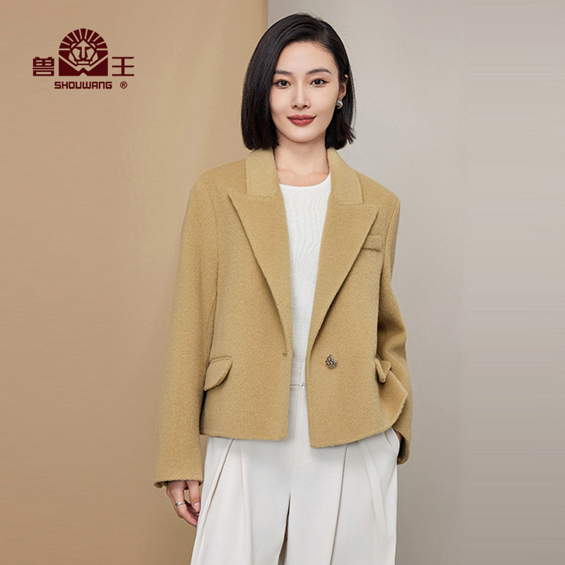 兽王毛呢大衣女短款外套秋冬新款小香风双面呢羊毛皮草大衣