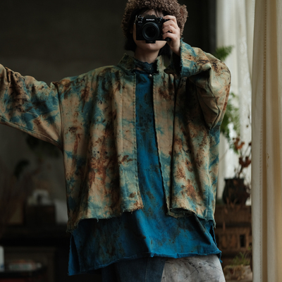 复古双棉料宽松外披毛边开衫2356植物染驼蓝系列