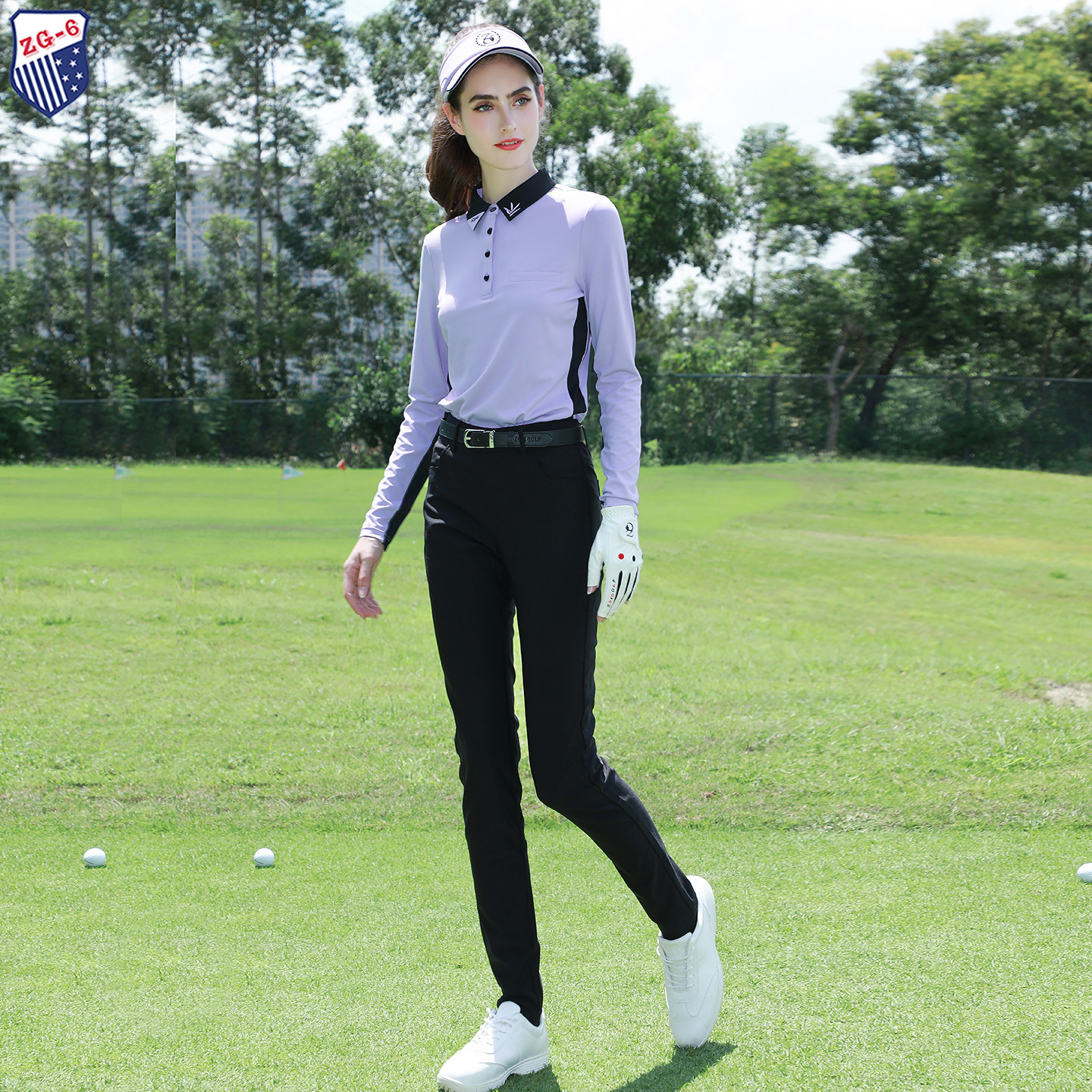 ZG6高尔夫球服装女套装女速干T恤紫色长袖上衣修身显瘦黑色长裤子