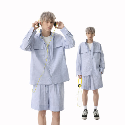 MTLCLOTHES男装|日系小格子长袖衬衣休闲短裤百搭日常休闲套装潮
