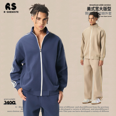 RS男装|跨境340G条纹休闲拉链夹克外套男潮牌学院风男士外套夹克