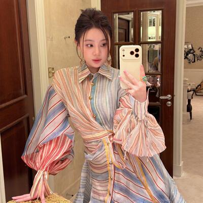 真丝+亚麻彩色条纹灯笼袖绑带宽松/衬衫连衣裙