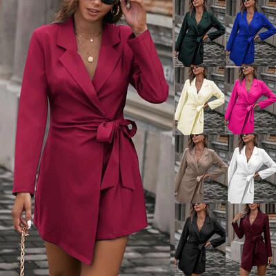 Solid Vneck Long Sleeve Suit Dress纯色V领长袖系带西装连衣裙