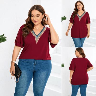 L5XL Plus size summer women tops Vneck tshirt 夏季大码T恤