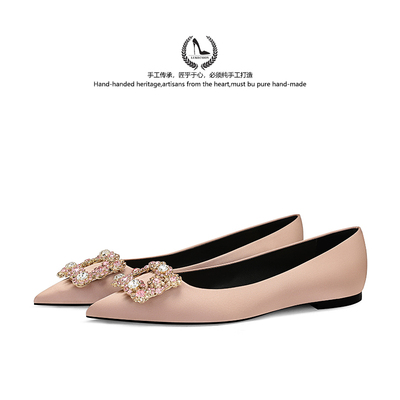 RV绸缎气质水钻方扣平底单鞋