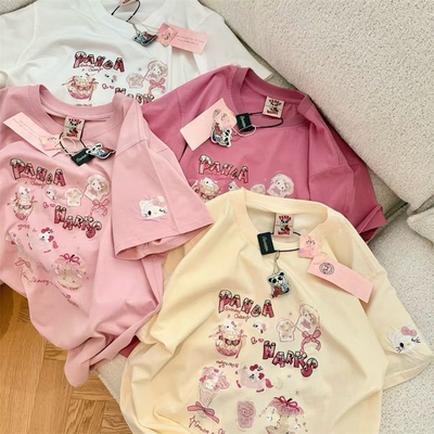 hello凯特猫刺绣宽松短袖T恤