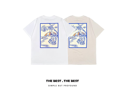 AIMEEWQ纸袋家男女同款夏季宽松印花短袖T恤潮款休闲度假情侣半袖