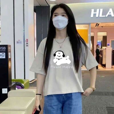 圆领卡通印花短袖T恤女夏季宽松显瘦简约百搭上衣休闲日常穿搭