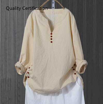 ve Cotton Linen Shirt Ladies Baggy V-neck Retro Blouse Shirt