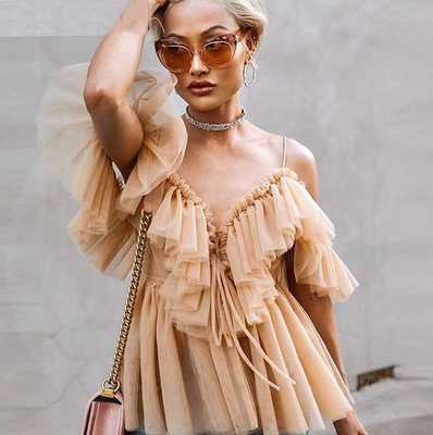 ruffle off shoulder shirt tops female Mesh blouse blusas