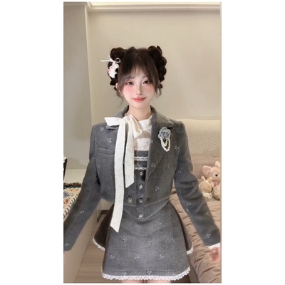 冬装精致贵气毛呢外套裙子两件套