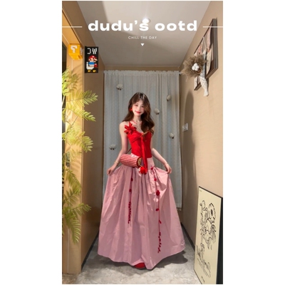 夏季辣妹度假风红色抹胸中长裙