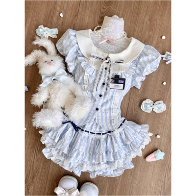 学院风少女感蓝色波点蓬蓬裙套装