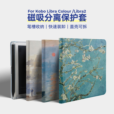 twosheep适用Kobo Libra Colour笔槽收纳保护套Libra2磁吸分离壳stylus手写笔透明壳唤醒休眠纯色油画风