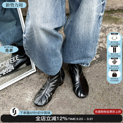 牛皮女拉链短靴低粗跟袜靴黑色