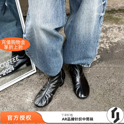 牛皮女拉链短靴低粗跟袜靴黑色