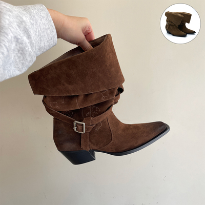 chinchin玫瑰刺绣绒面中筒靴