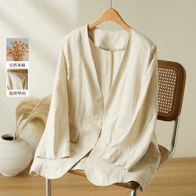 可风各亚麻西装57107P189K302.4文艺复古宽松V领简约无扣上衣