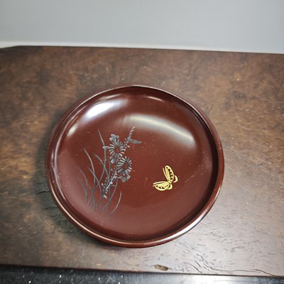 日本栗色木胎沈金工艺刻花漆碟菓子盘 茶亦居日本古美术CYS
