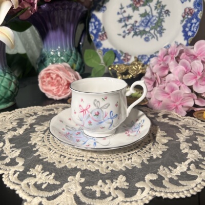 西洋古董royal albert 三色飘带小玫瑰鎏银骨瓷咖啡茶杯碟 现货
