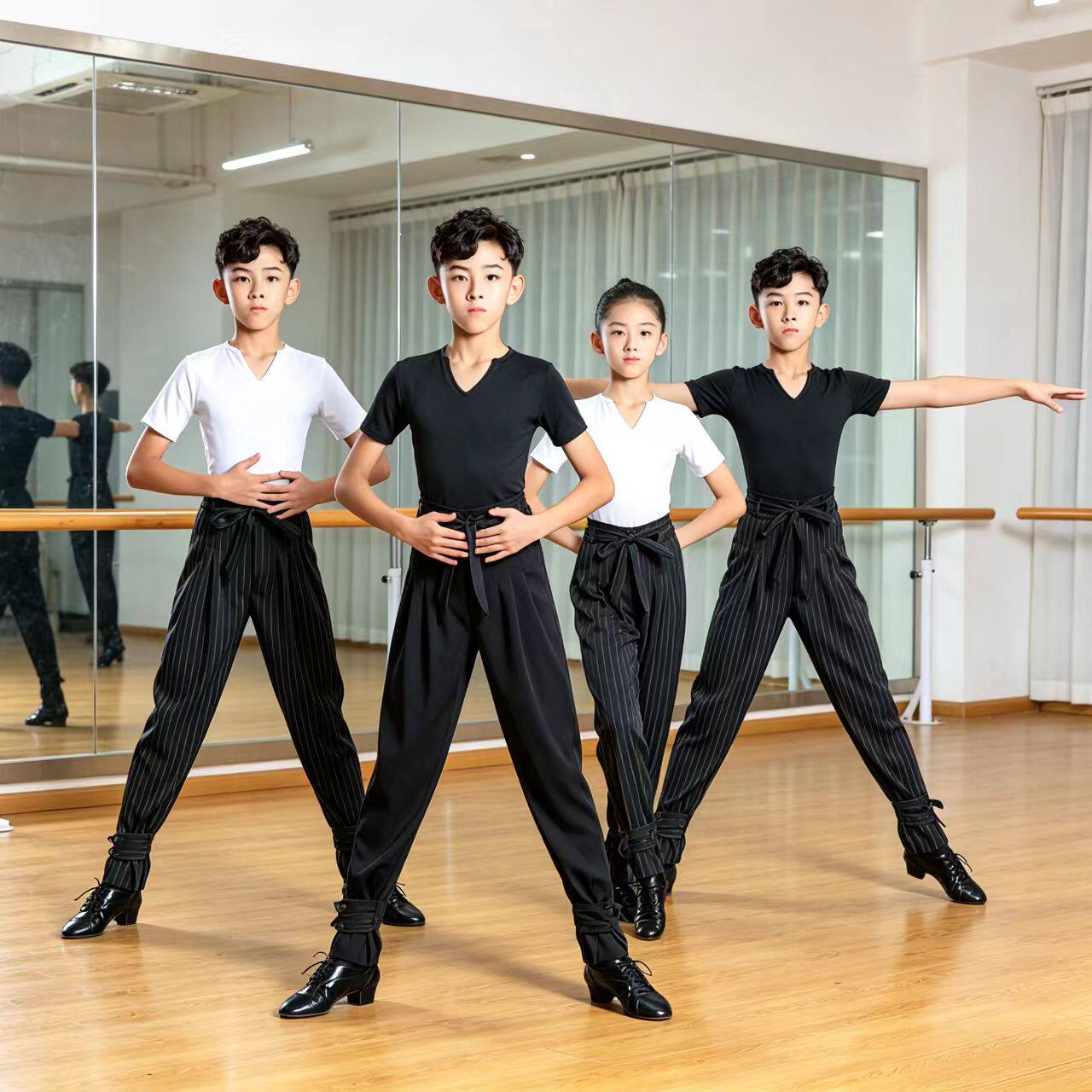 男童拉丁舞服黑色V领长短袖训练服裤子少儿考级比赛练习演出套装