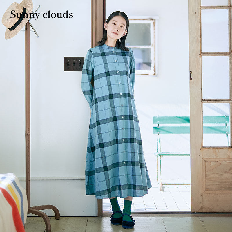 桑妮库拉/Sunny clouds 女式纯棉立领蓝色格子连衣裙