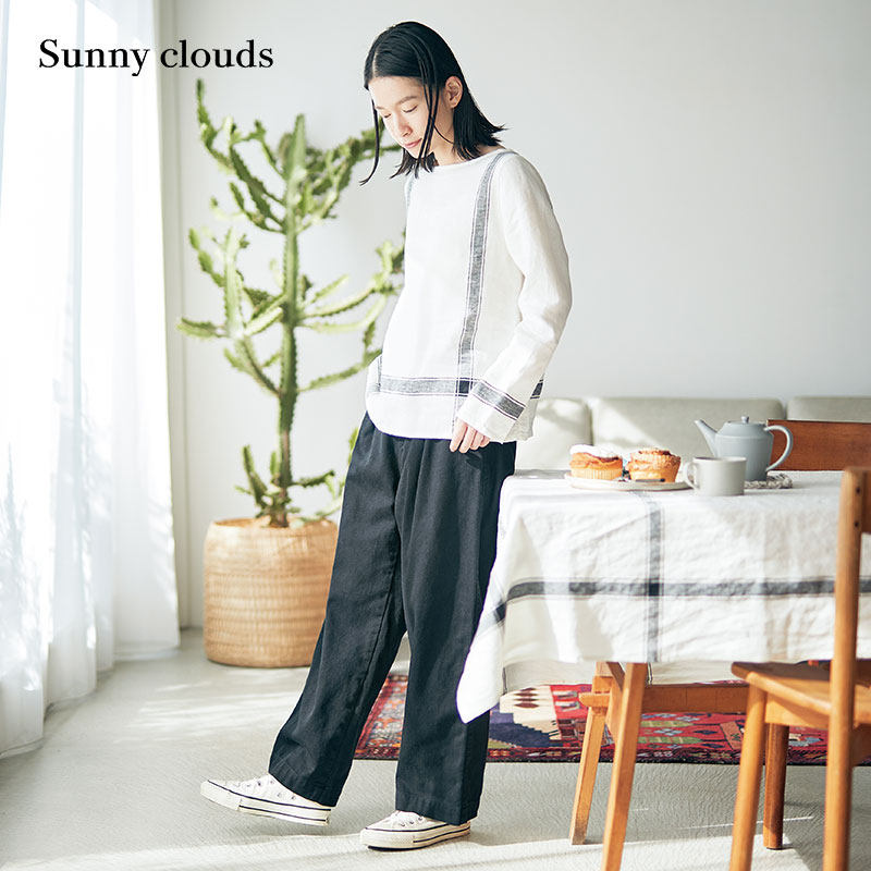 桑妮库拉/Sunny clouds 女式纯棉宽松直筒高腰裤（黑）