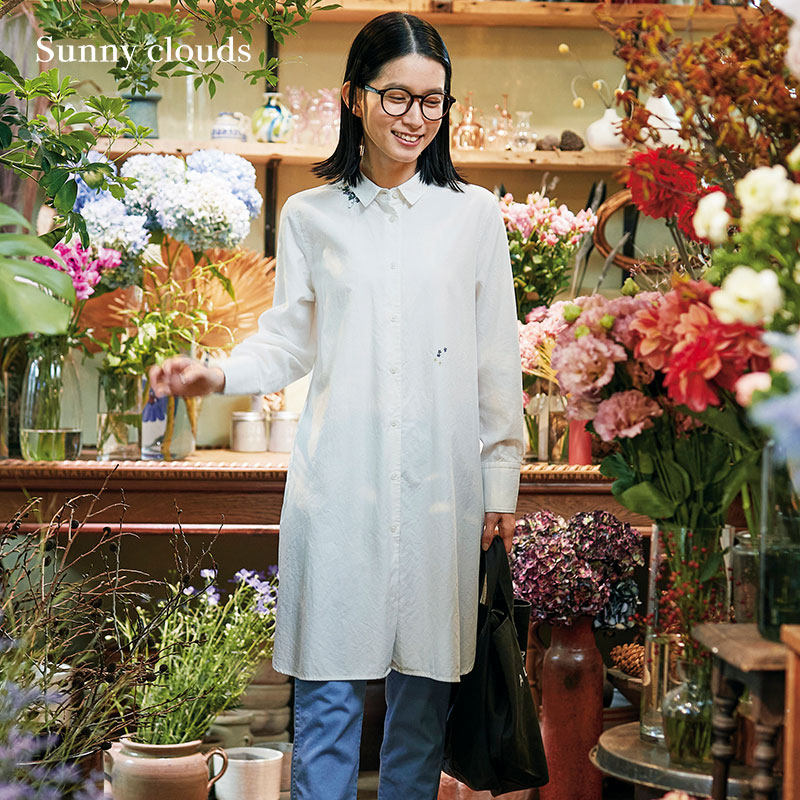 桑妮库拉/Sunny clouds 女式纯棉花朵刺绣装饰长款衬衫