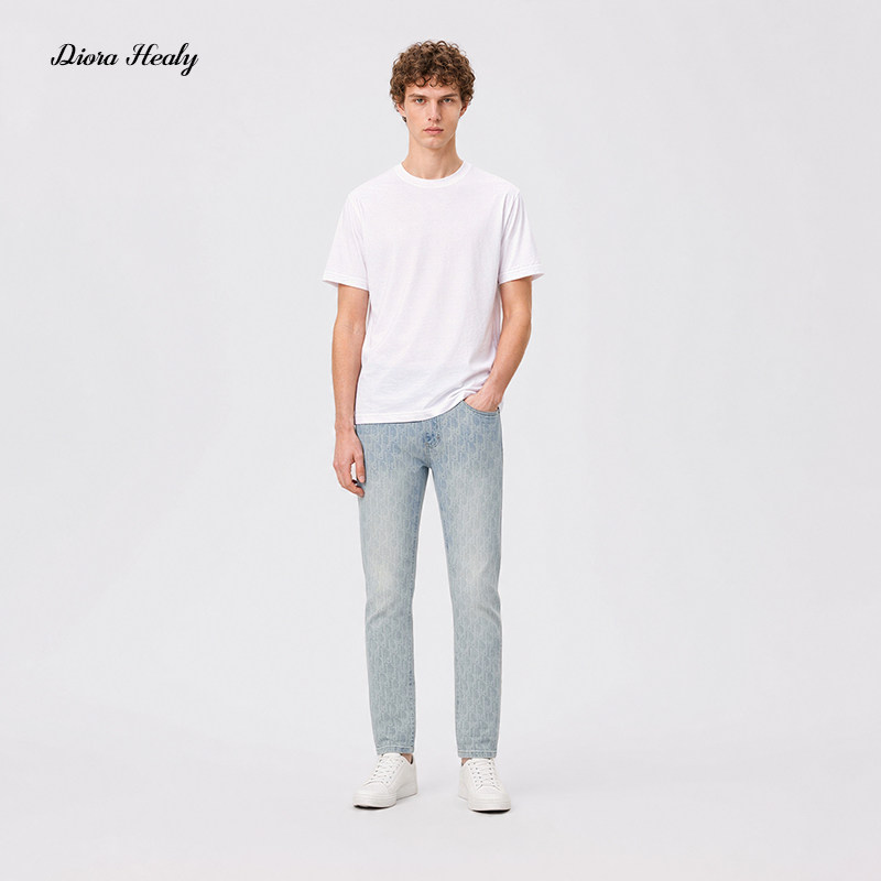 Diora healy 高端老花印花浅色水洗牛仔裤男士轻奢长裤潮牌裤子