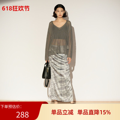 XG/雪歌26春款淑女风抽褶半身长裙女修身开叉雪纺裙XL103010B493
