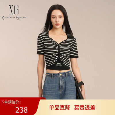 XG雪歌25夏款吸睛黑白条纹抽褶套头针织衫女短袖上衣XK211011B199