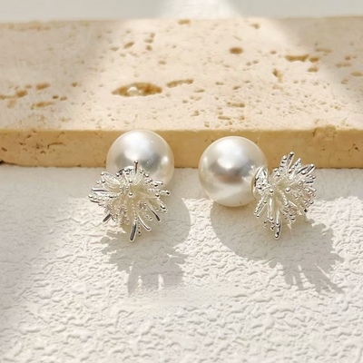 复古银针素白色烟花珍珠两戴耳钉