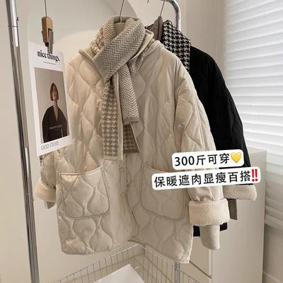 300斤大码女装2024秋冬新款菱形格保暖棉衣外套200斤宽松棉服上衣