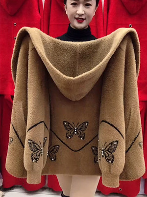 水貂绒秋冬新款女装妈妈简约中长款中老年人针织开衫连帽宽松大码