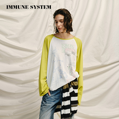 immune system 猫咪童话 原创手绘涂鸦印花撞色插肩袖长袖上衣