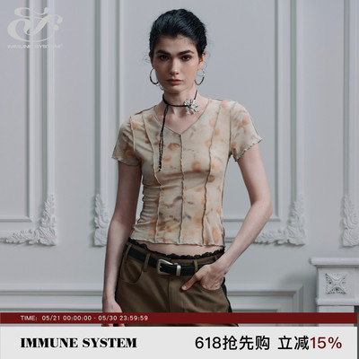 immune system免疫系统 薄款修身抽象印花紧身原创设计V领短袖T恤