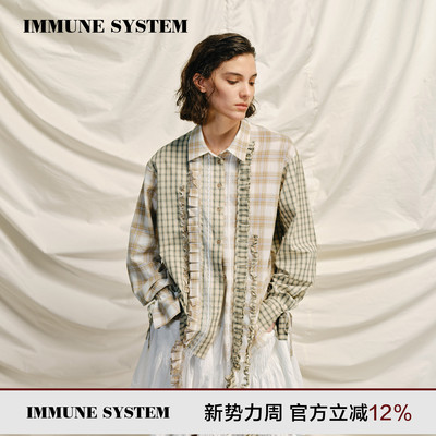 immune system 花边格纹 不规则捏褶花边蕾丝流苏宽松长袖衬衫