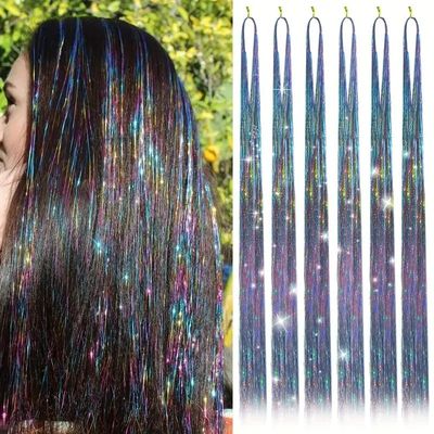 Sparkle Synthetic Hair Extensions Tinsel Rainbow Colored Str