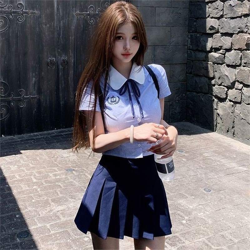 蓝色樱岛学院学姐短款短袖衬衫百褶裙jk套装夏季高级两件套装