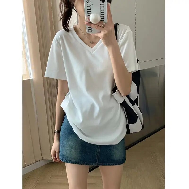 白色V领短袖T恤女2025早春新款夏季韩版宽松大码女装上衣服ins潮