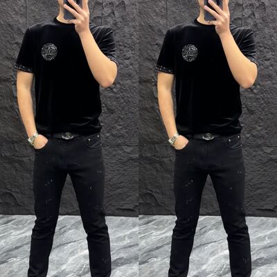 金丝绒烫钻短袖T恤潮牌时尚半袖