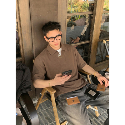 PLTH*华夫格半开领重磅假两件Polo衫男夏季美式复古刺绣宽松短袖