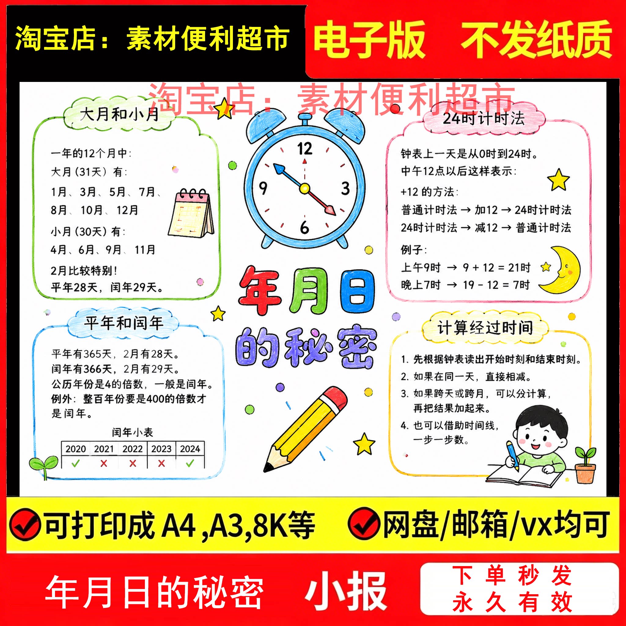 年月日的秘密手抄报电子模板思维导图三下数学认识年月日手绘线稿