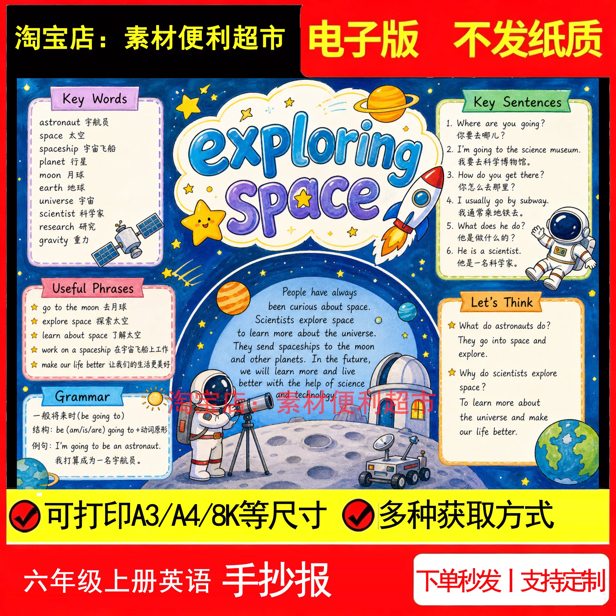 exploring space探索太空手抄报电子新pep版六年级上册英语线稿报