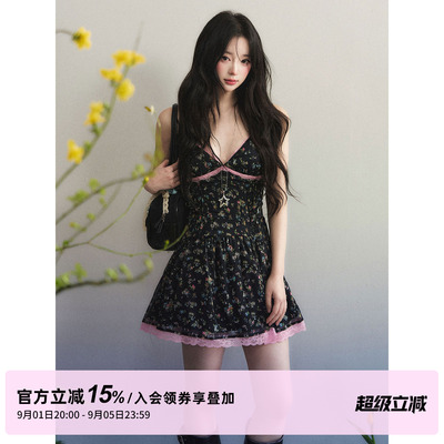 1P STUDIO 黑色碎花V领吊带连衣裙女夏粉色蕾丝花边收腰无袖短裙
