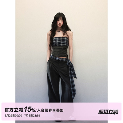 1P STUDIO 格纹拼接辣妹套装女夏季抹胸上衣宽松系带阔腿裤两件套