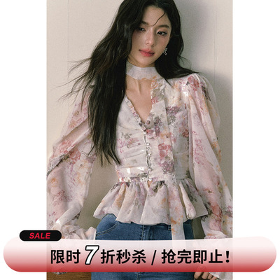 1PSTUDIO晕染碎花雪纺V领衬衫女