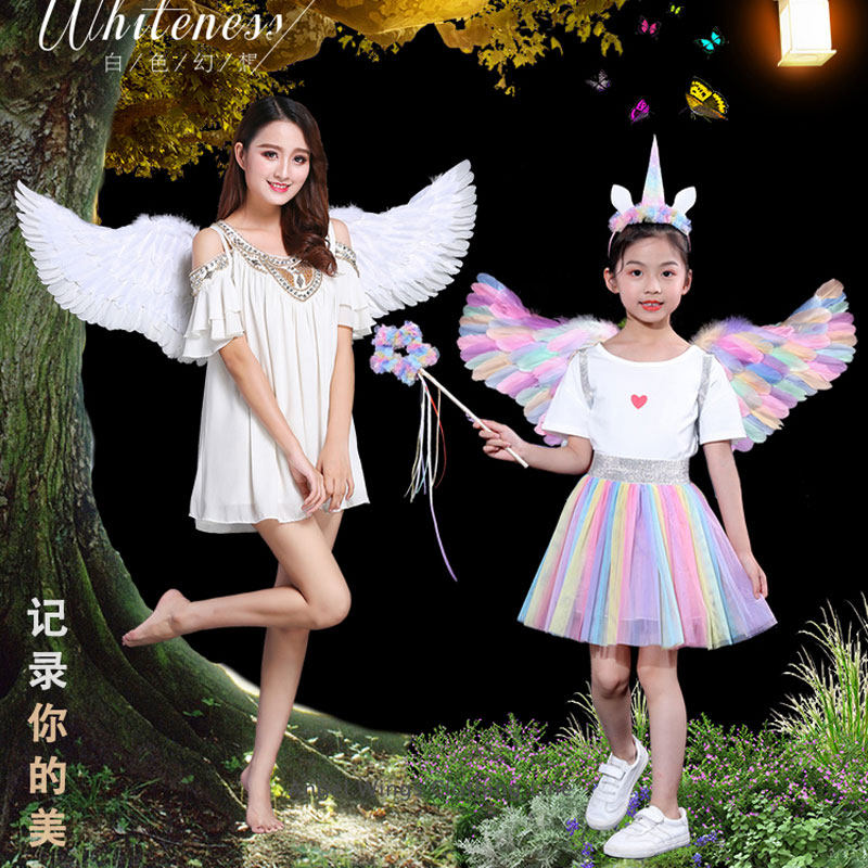 小女孩背仙女魔法棒花童恶魔儿童节舞台走秀装饰天使羽毛多色翅膀