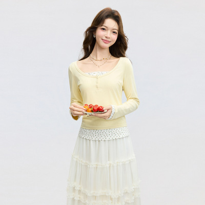 奶黄BM风假两件长袖甜美T恤女